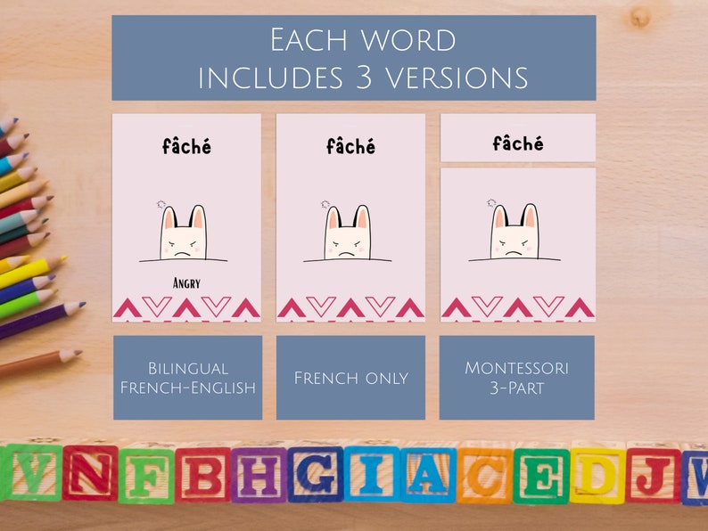 French-english Bilingual Emotions Chart Flashcards Set Printable ...