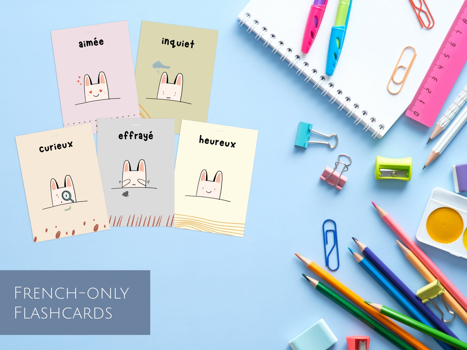French-english Bilingual Emotions Chart Flashcards Set Printable ...