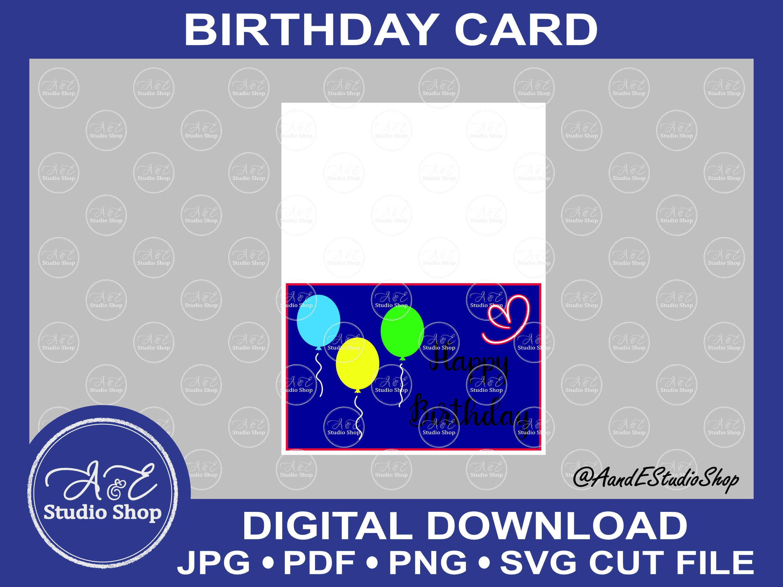 Birthday Card - Happy Birthday - Balloons With Heart - Digital Download ...
