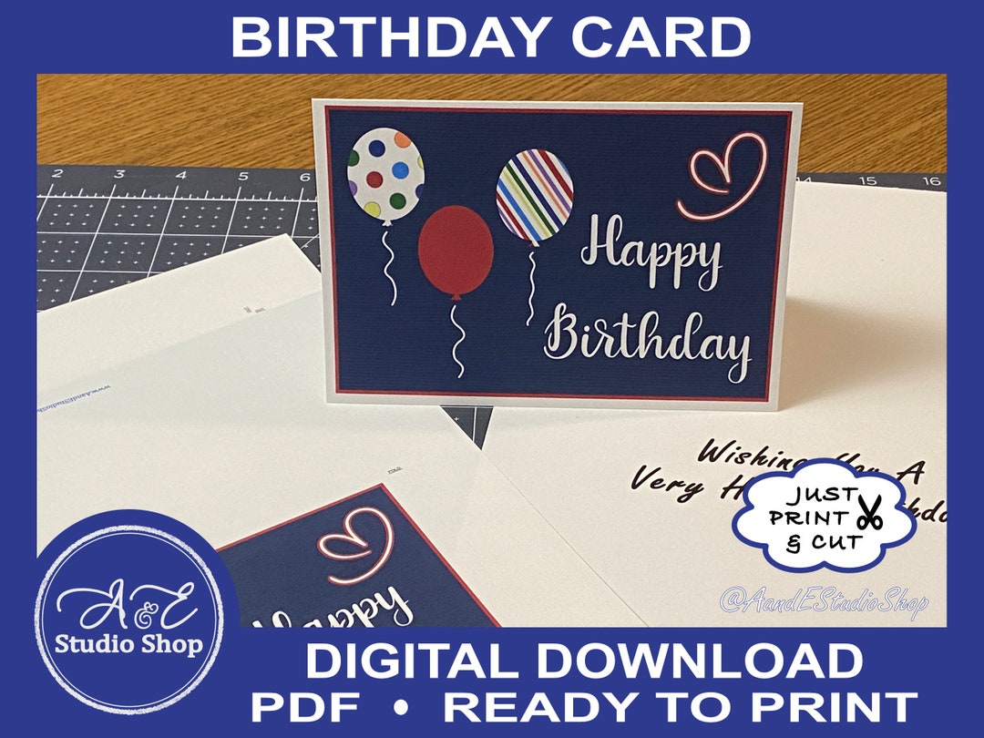 Birthday Card - Happy Birthday - Balloons With Heart - PDF Ready to ...