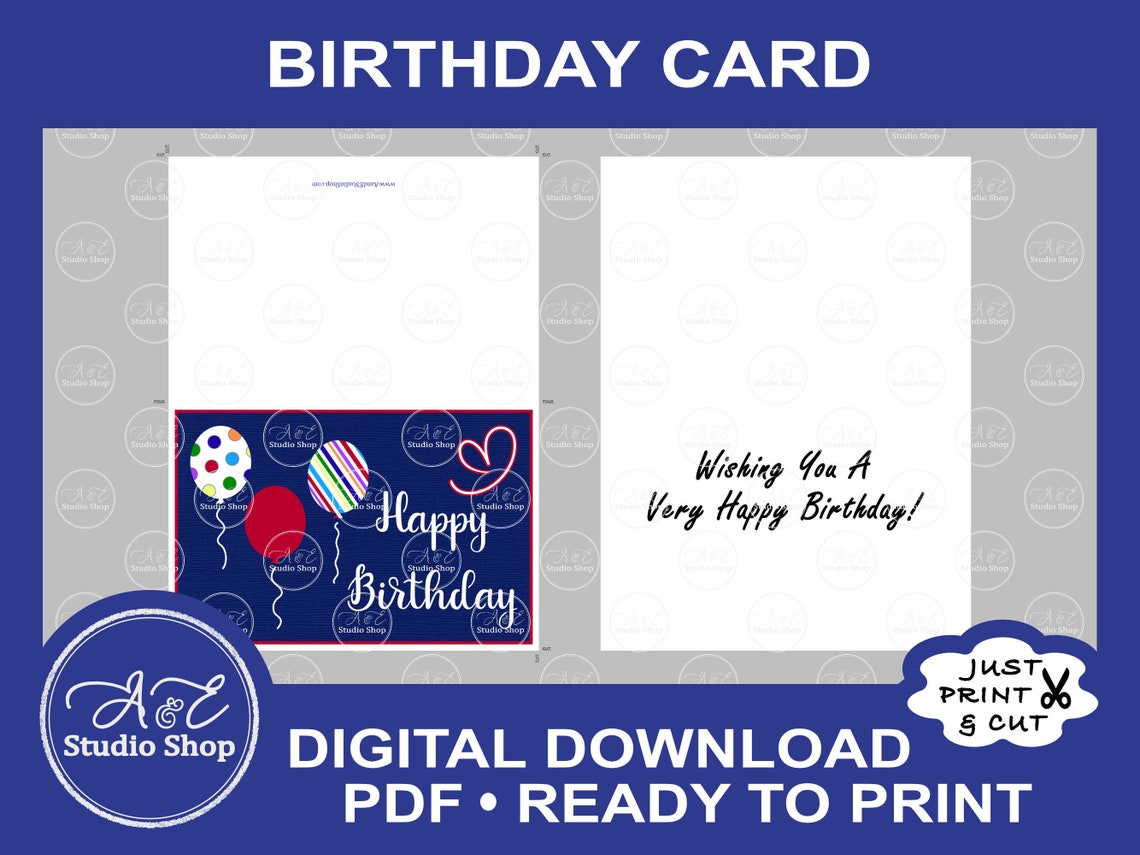 Birthday Card - Happy Birthday - Balloons With Heart - PDF Ready to ...