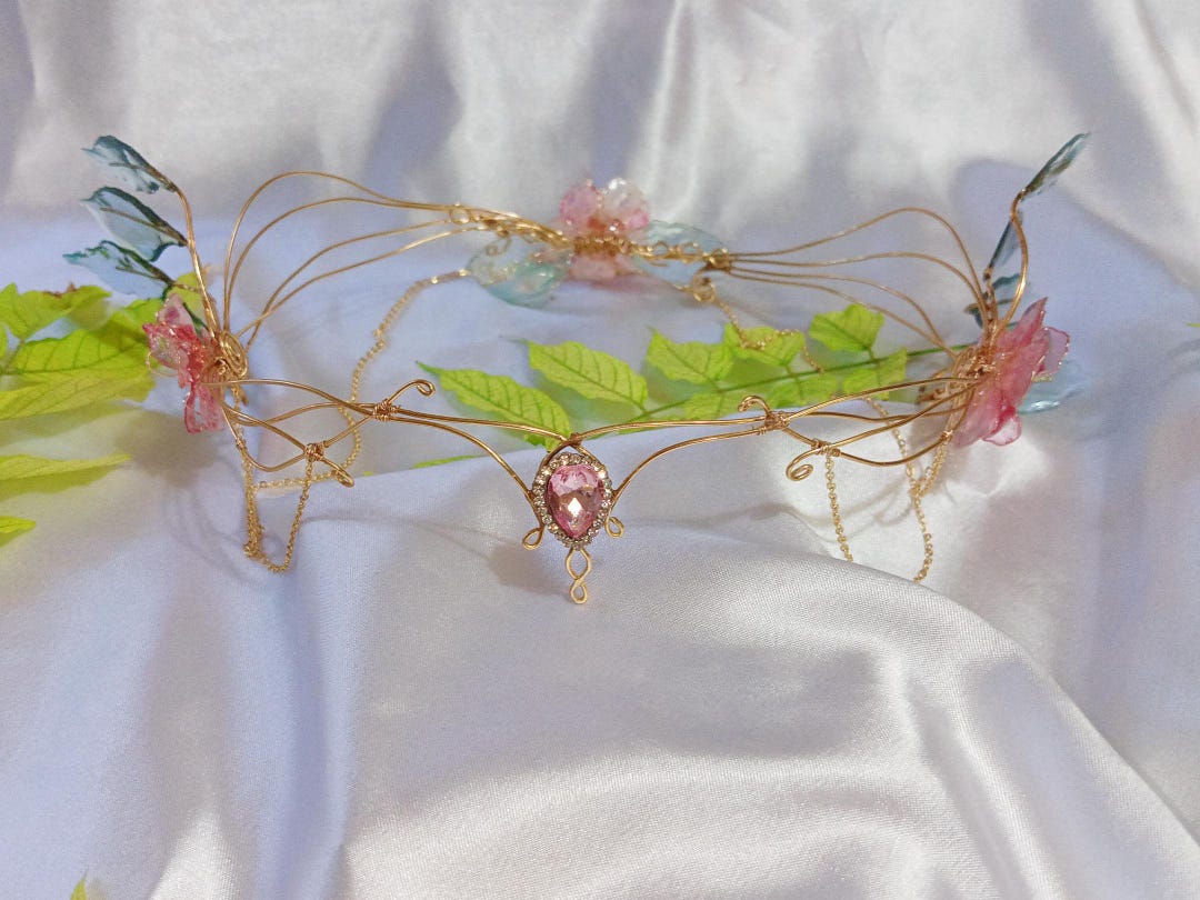 Elven Goddess Tiara, Gold Elven Tiara , Elf Crown, Pink and Gold Tiara ...
