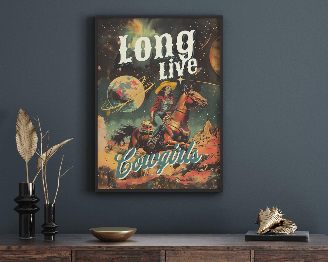 Retro Cosmic Cowgirl Print, Surreal Cowboy Poster, Vintage Western ...