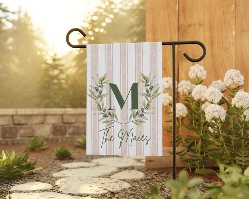 Custom Family Last Name Garden Flag, Fall Olive Wreath Monogram Yard ...