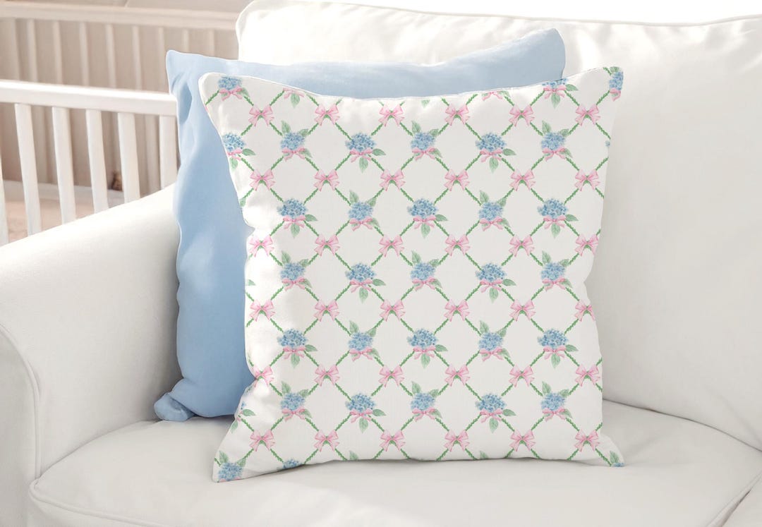 Blue Hydrangeas Throw Pillow Cover, Coquette Pink Bows Pillowcase ...