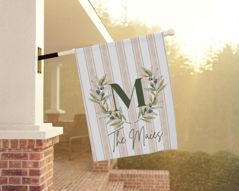 Custom Family Last Name Garden Flag, Fall Olive Wreath Monogram Yard ...
