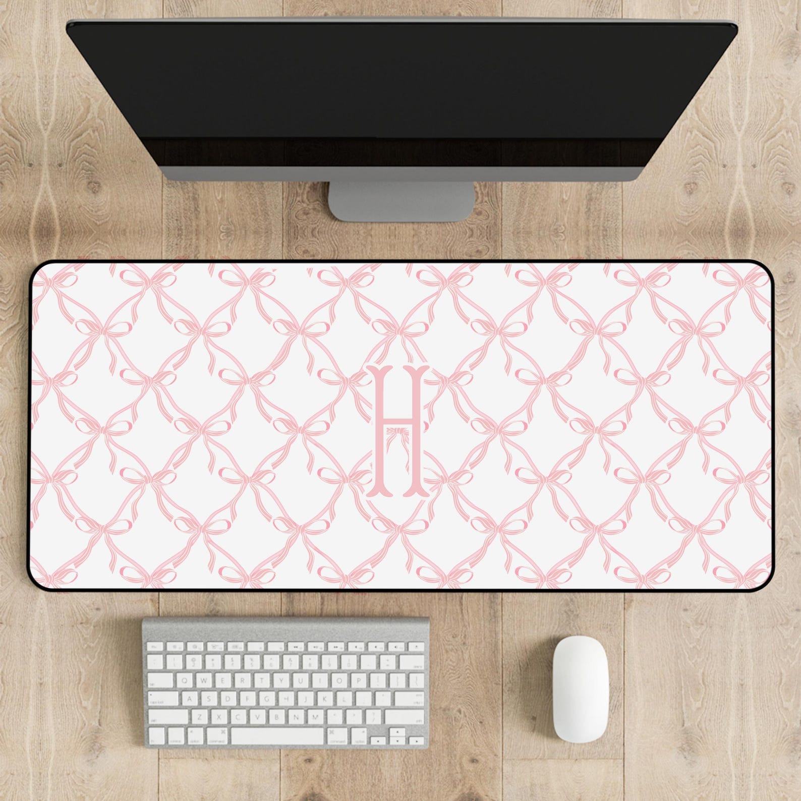 Custom Desk Mat, Monogram Pink Coquette Large Mousepad, Bow Aesthetic ...