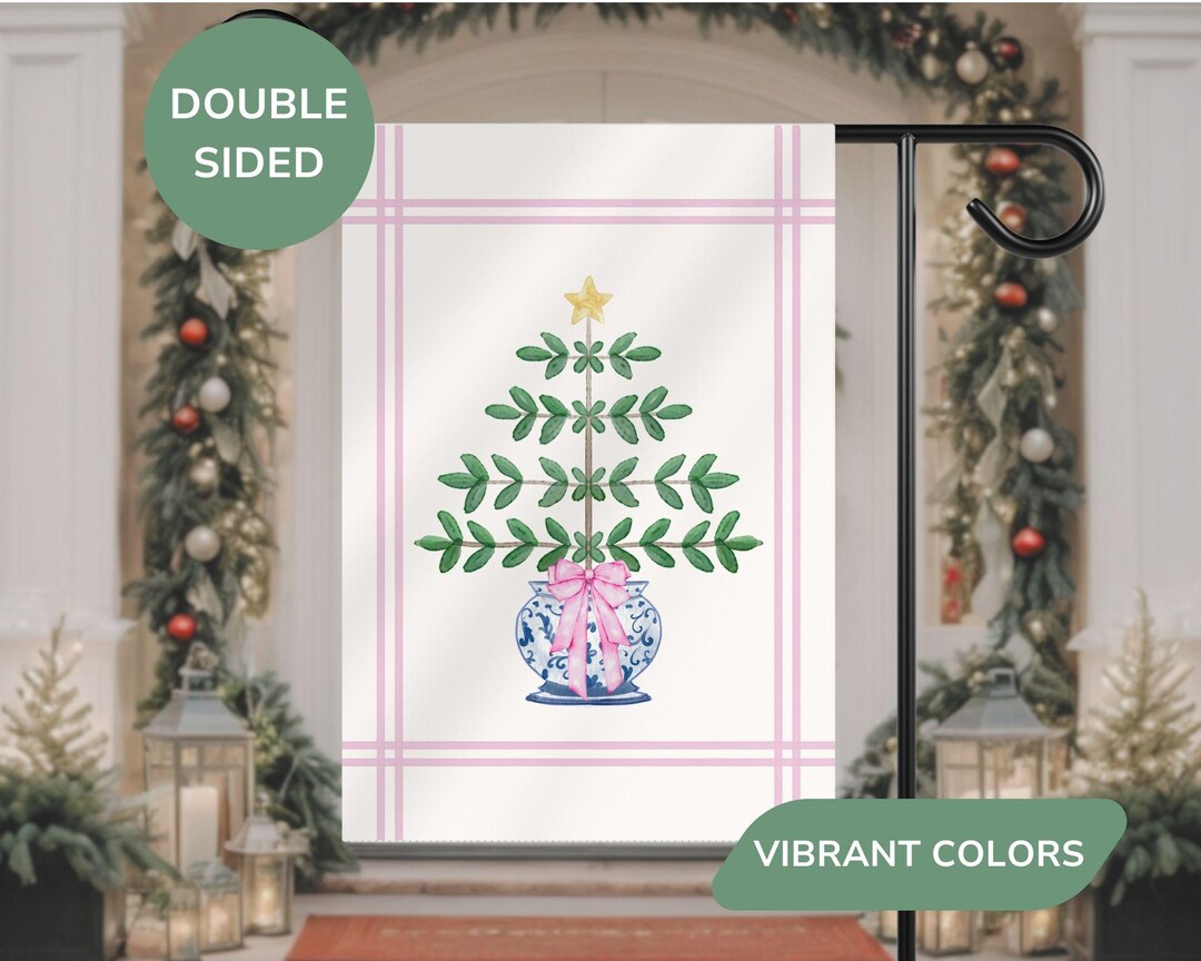 Preppy Pink Christmas Tree Garden Banner, Coquette Blue Chinoiserie ...