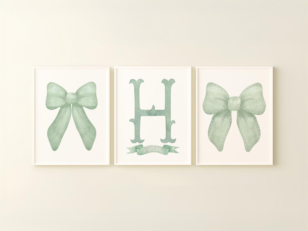 Personalized Sage Green Bows Nursery Prints Gift Custom Monogram ...