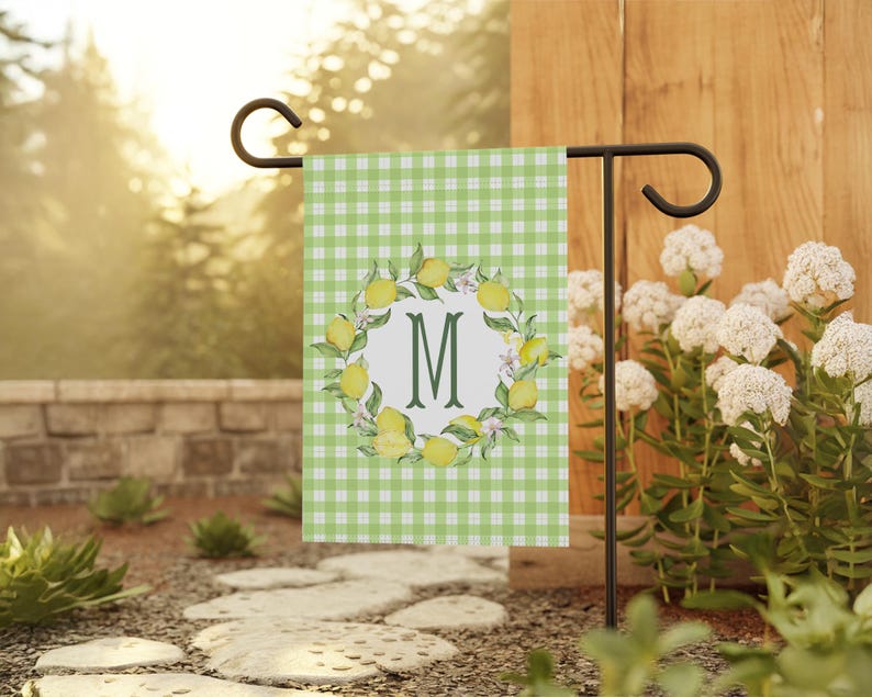 Custom Name Initial Garden Flag, Green Lemon Personalized Monogram ...