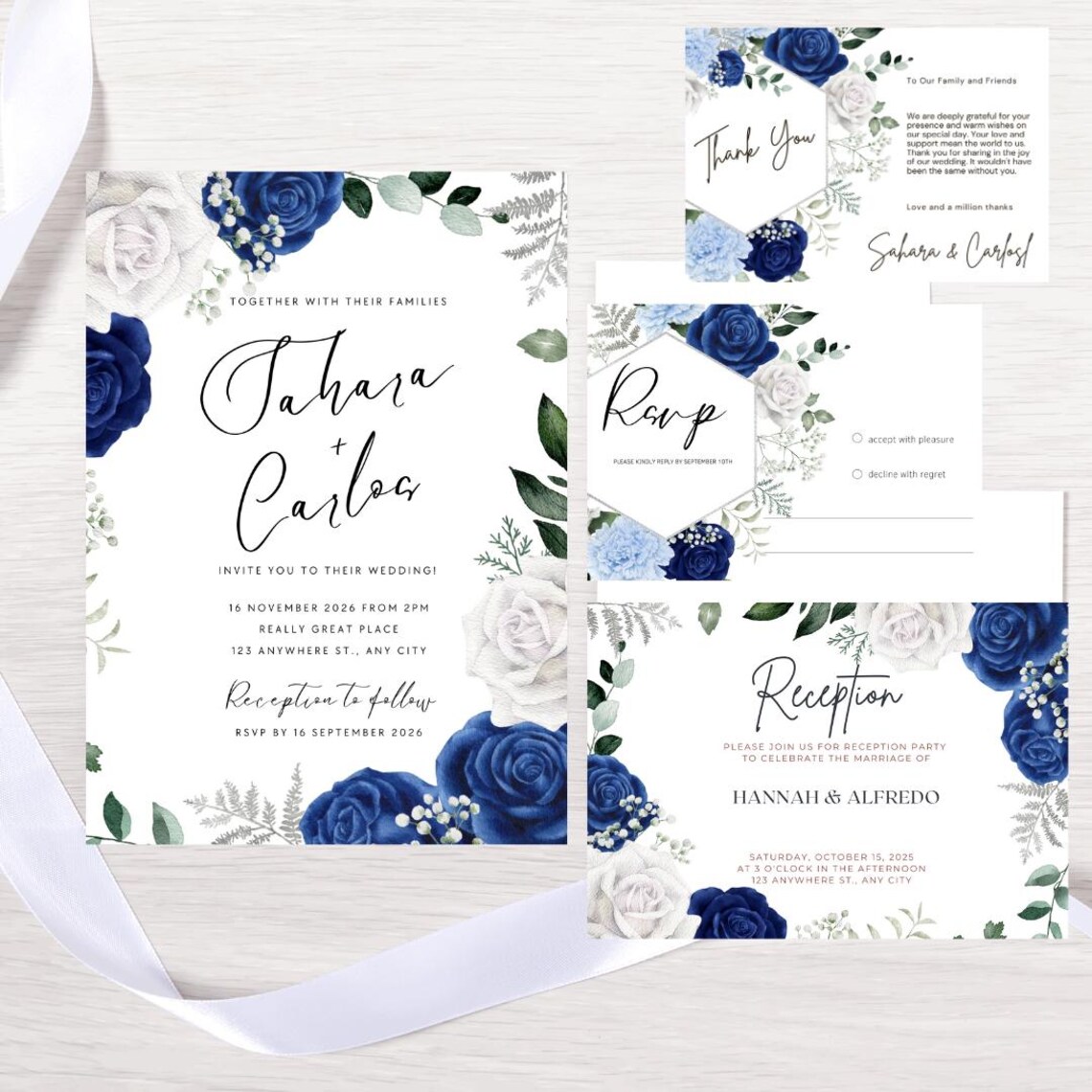 Navy Blue Wedding Invitation Template Set, Blue Navy Floral Wedding ...