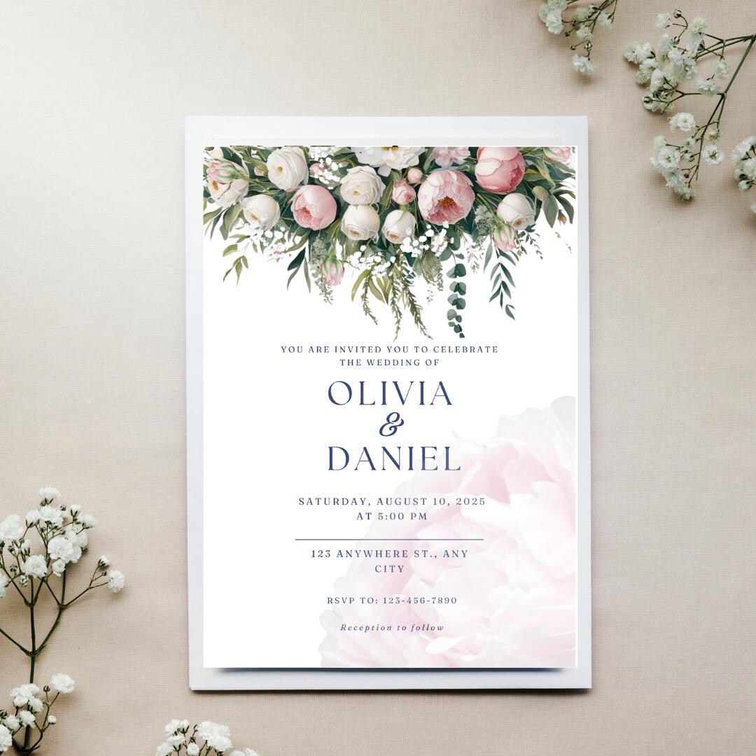 Blush Pink Peony Wedding Invitation | Floral Printable Wedding Invite ...