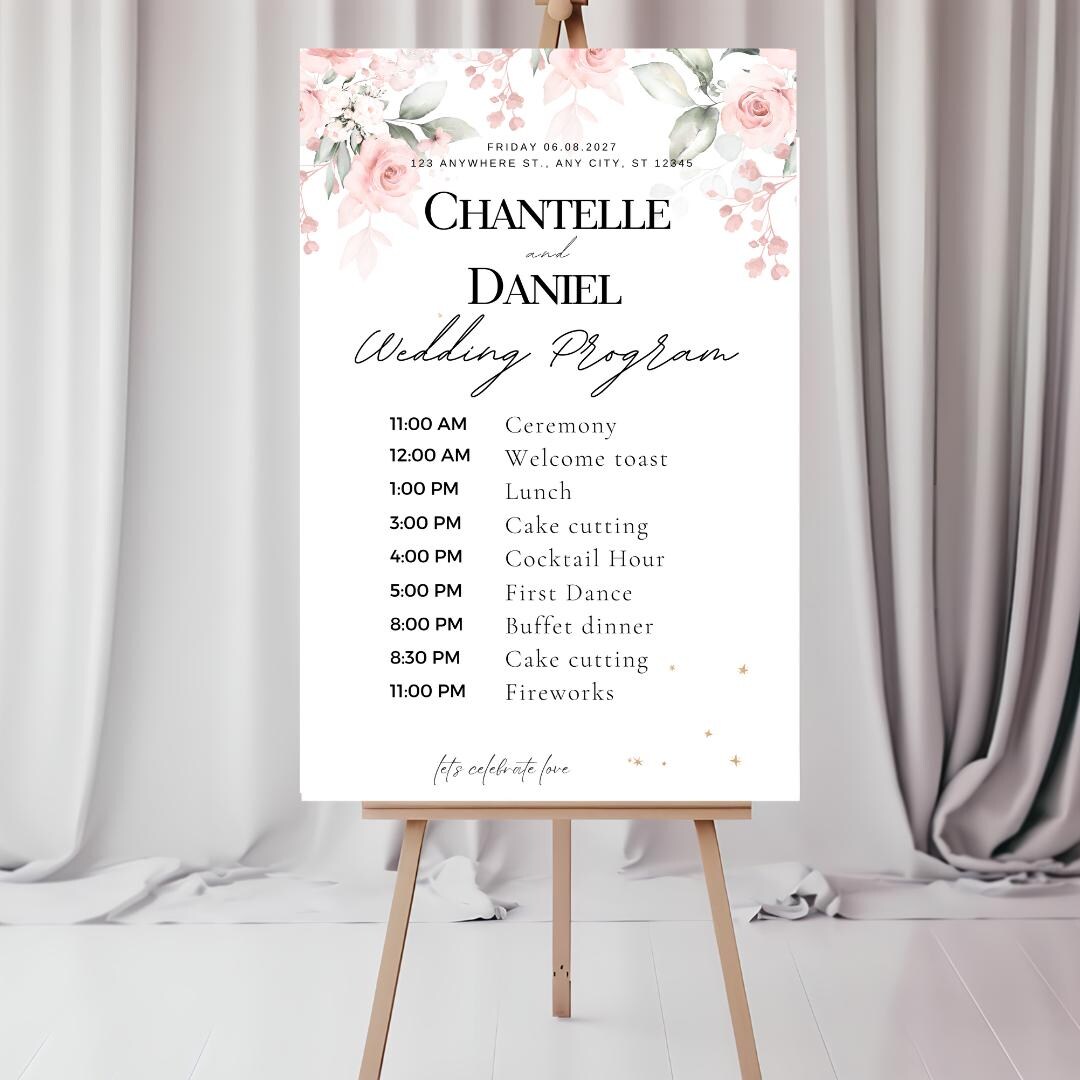 Wedding Program Template With Pink Roses, Wedding Order of Service ...