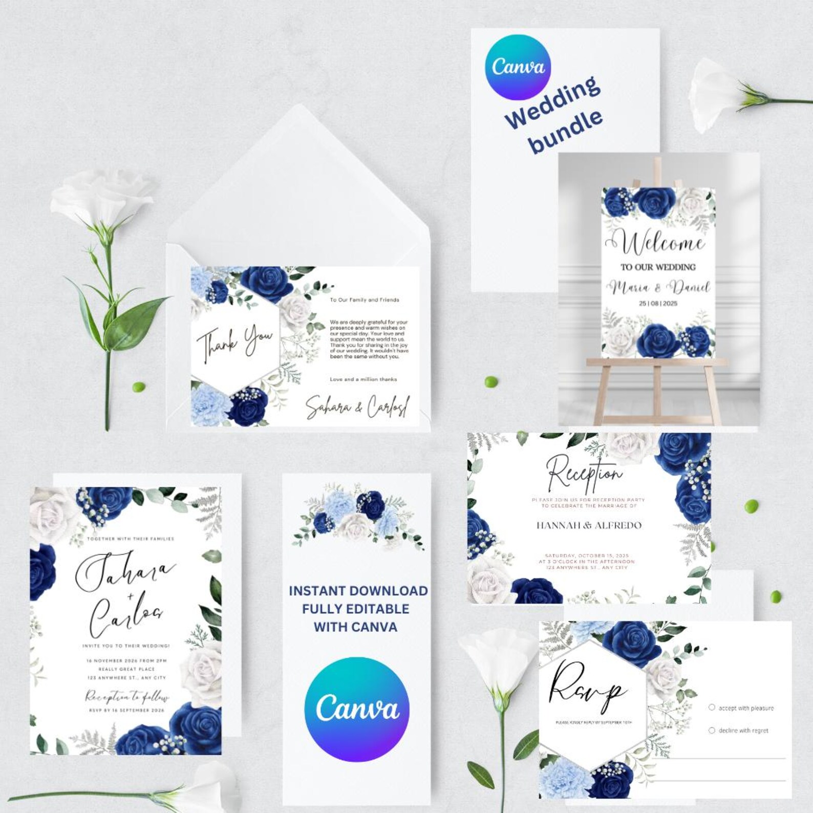Navy Blue Wedding Invitation Template Set, Blue Navy Floral Wedding ...