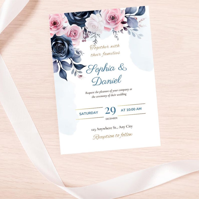 Floral Wedding Invitation Suite, Blush Pink, Navy Blue (PDF) - Etsy