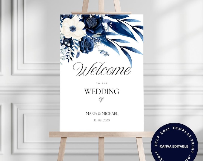 Navy Blue Floral Welcome Sign Template, Wedding Welcome Sign, Welcome ...