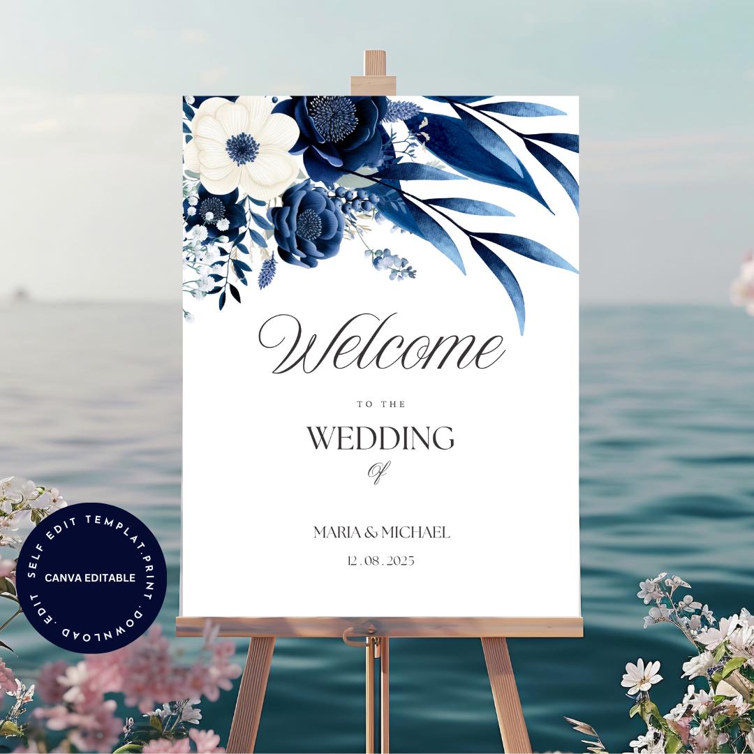 Navy Blue Floral Welcome Sign Template, Wedding Welcome Sign, Welcome ...