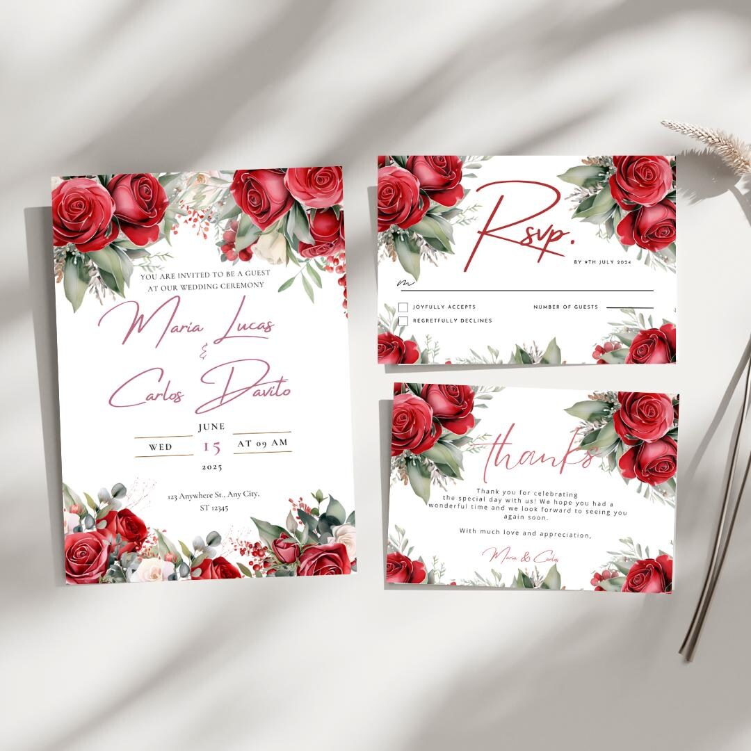 Red Rose Wedding Invitation Template Set, Dark Red Floral Invite ...