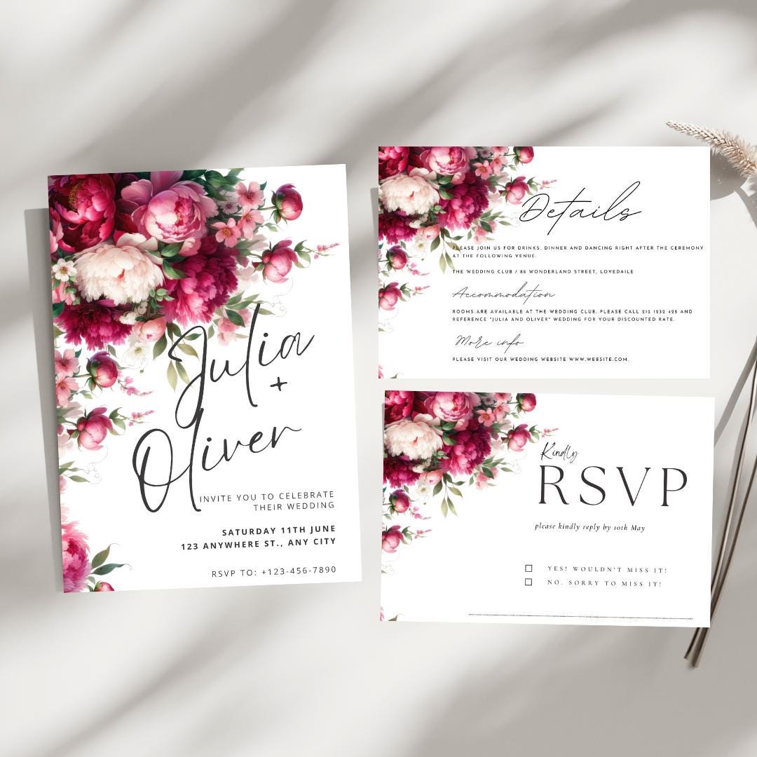 Peony Wedding Invitation Bundle Template Peonies Flowers Crimson Pink ...