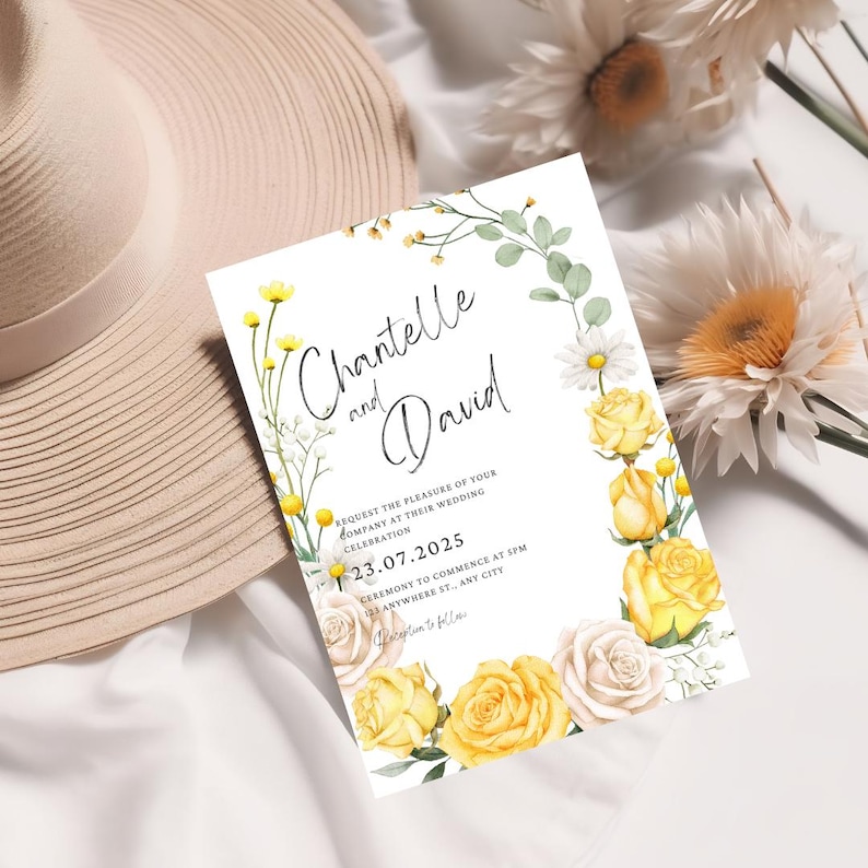 Yellow and White Rose Wedding Invitations, Yellow Wedding Invitation ...