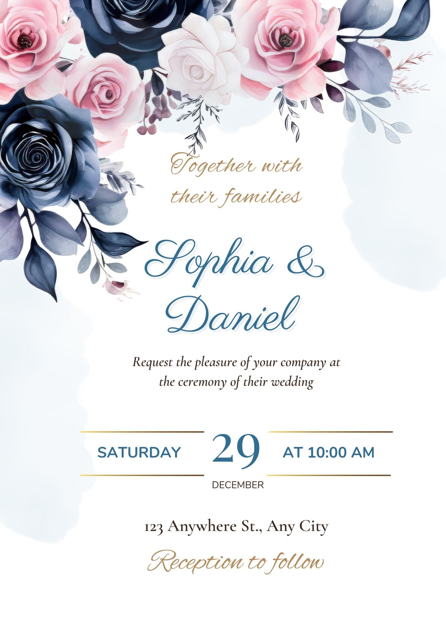 Floral Wedding Invitation Suite, Blush Pink, Navy Blue (PDF) - Etsy