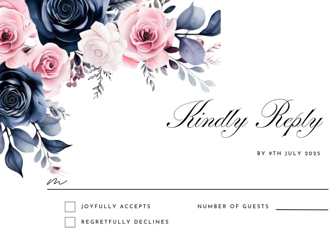 Floral Wedding Invitation Suite, Blush Pink, Navy Blue (PDF) - Etsy