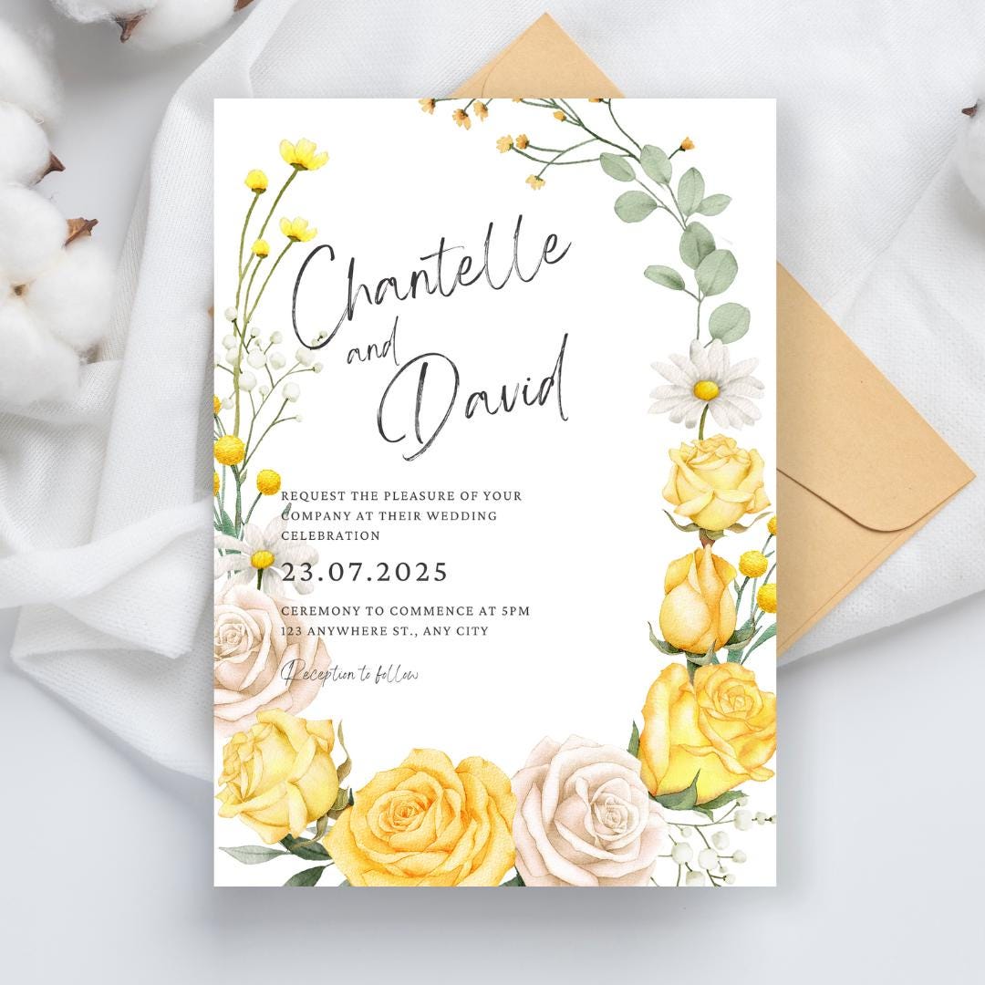 Yellow Roses Wedding Invitation, Yellow Flowers Wedding Invite, Summer ...