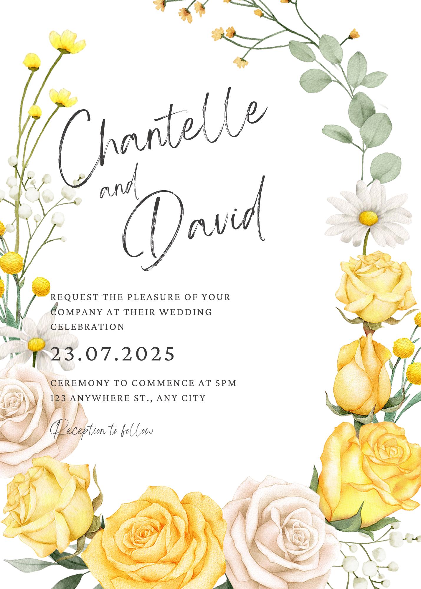 Yellow Roses Wedding Invitation, Yellow Flowers Wedding Invite, Summer ...