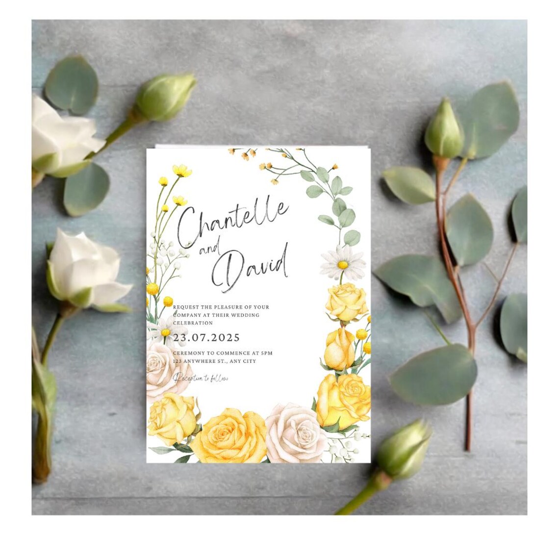 Yellow and White Rose Wedding Invitations, Yellow Wedding Invitation ...