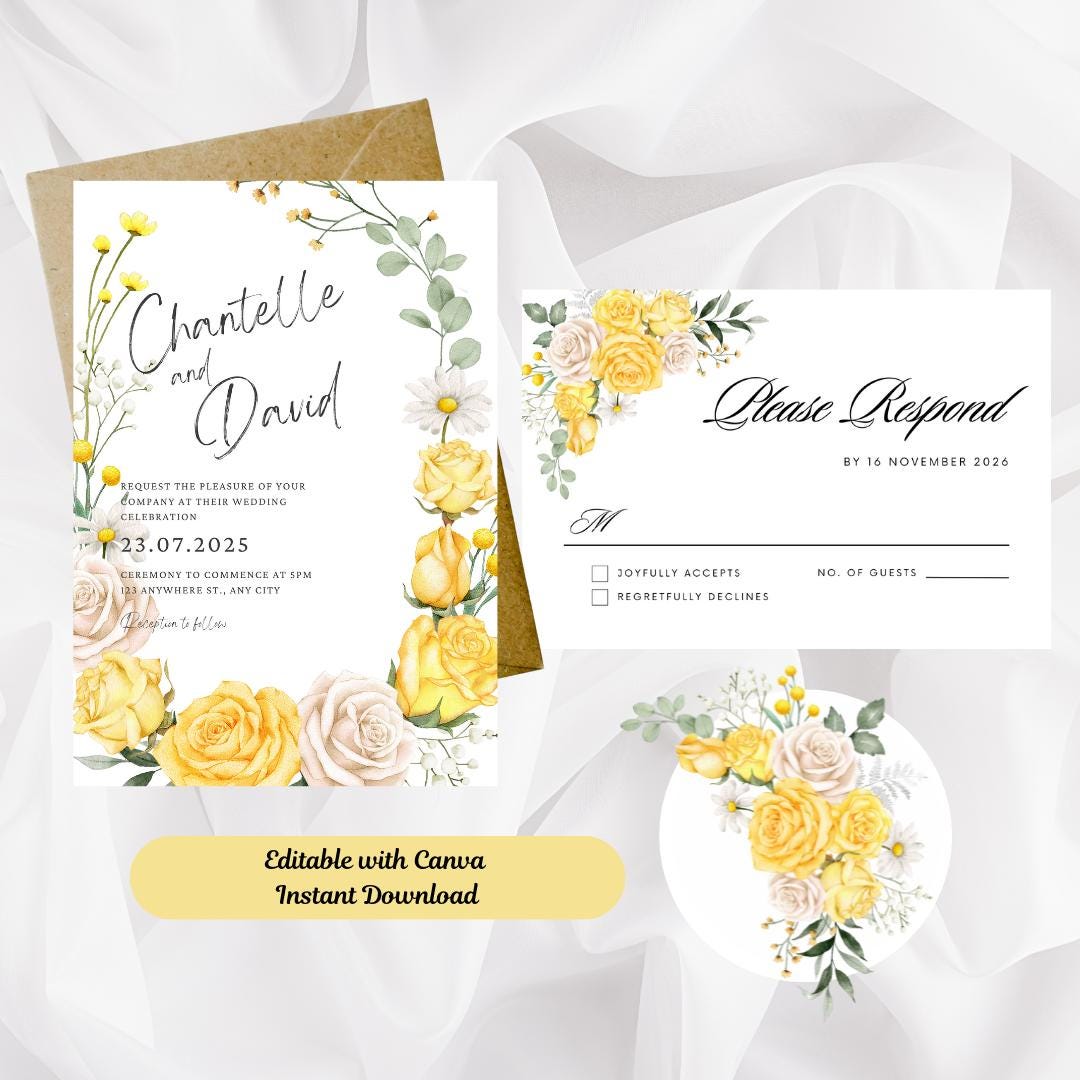Yellow and White Rose Wedding Invitations, Yellow Wedding Invitation ...