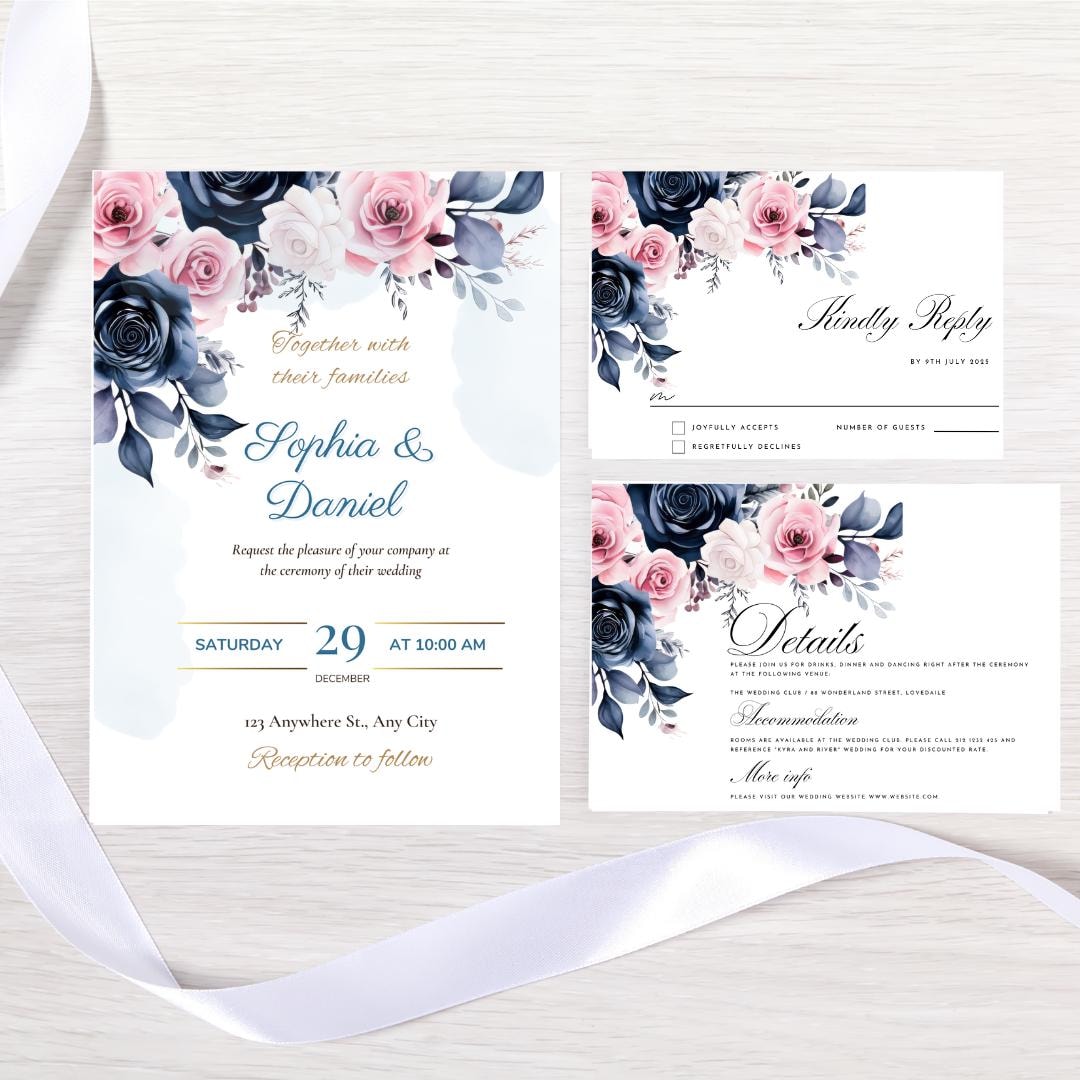 Floral Wedding Invitation Suite, Blush Pink, Navy Blue (PDF) - Etsy