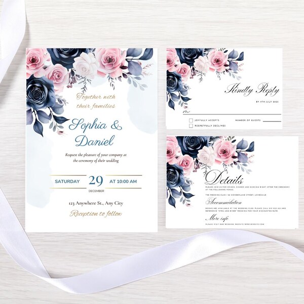 Peony Wedding Invitation Bundle Template Peonies Flowers Crimson Pink ...