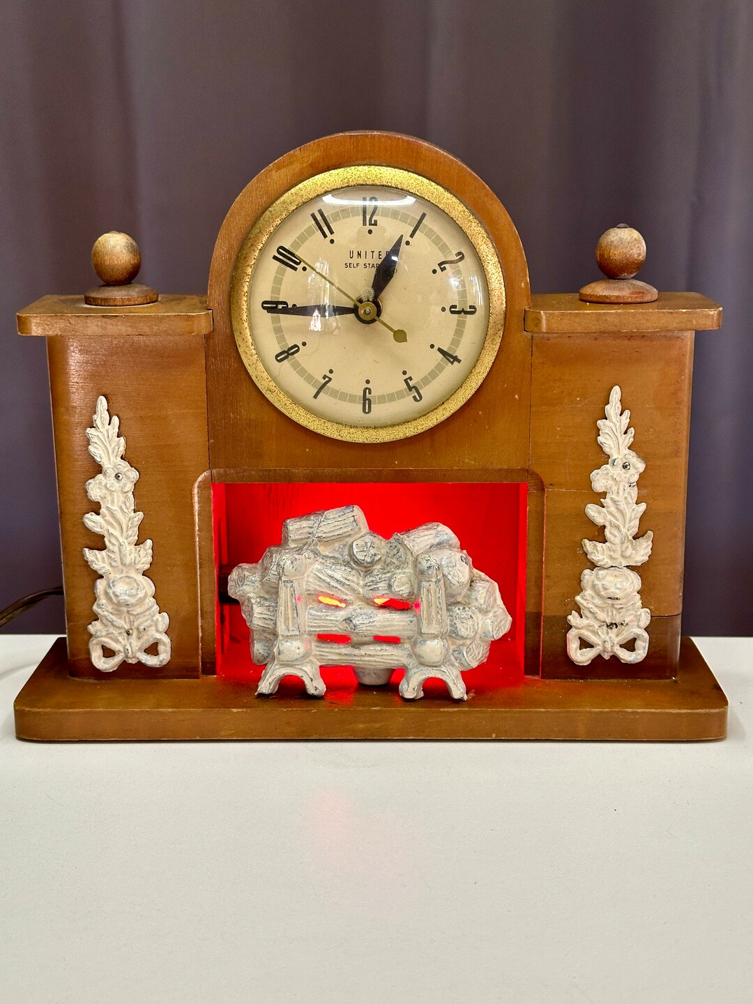 Vintage Fireplace Lighted Electric Clock/mcm United Clock Corp ...