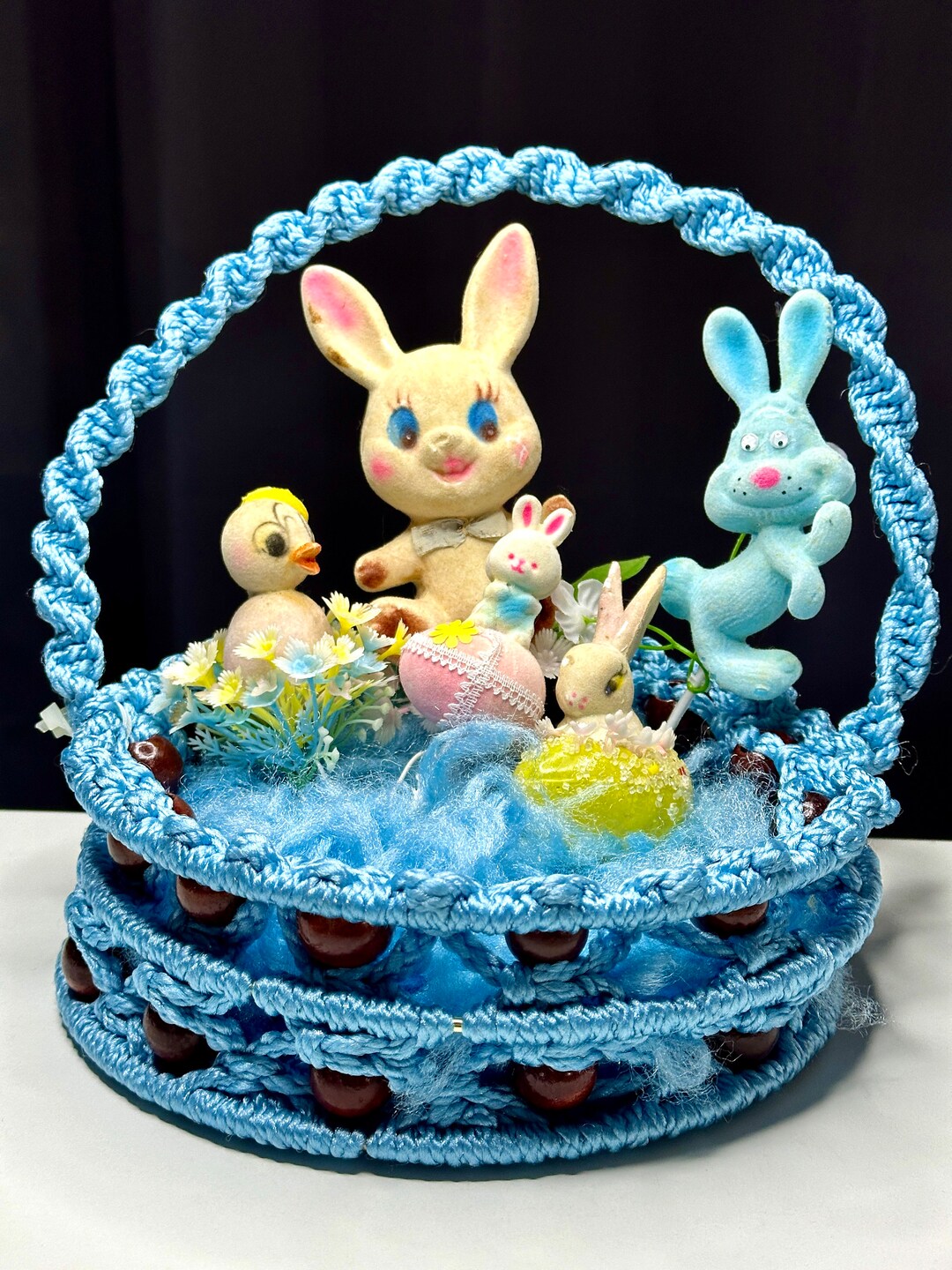 Vintage Blue Macrame Easter Basket With Vintage Flocked Easter ...