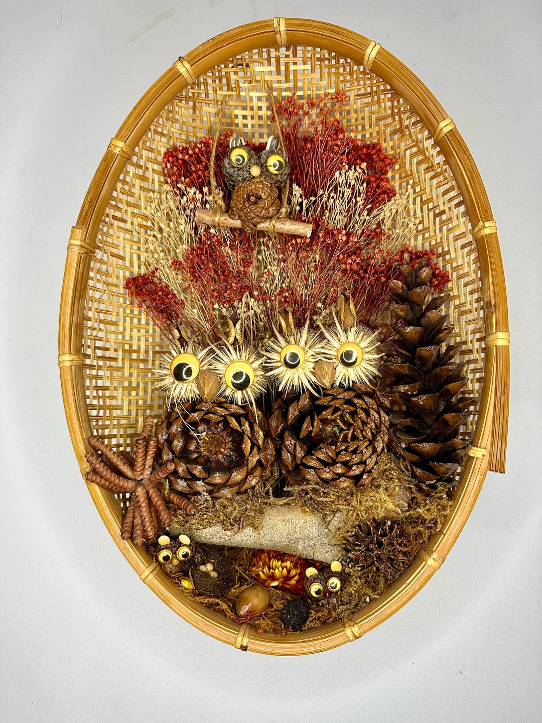 Vintage Pinecone and Acorns Owl Scene in Wicker Basket/vintage Nature ...