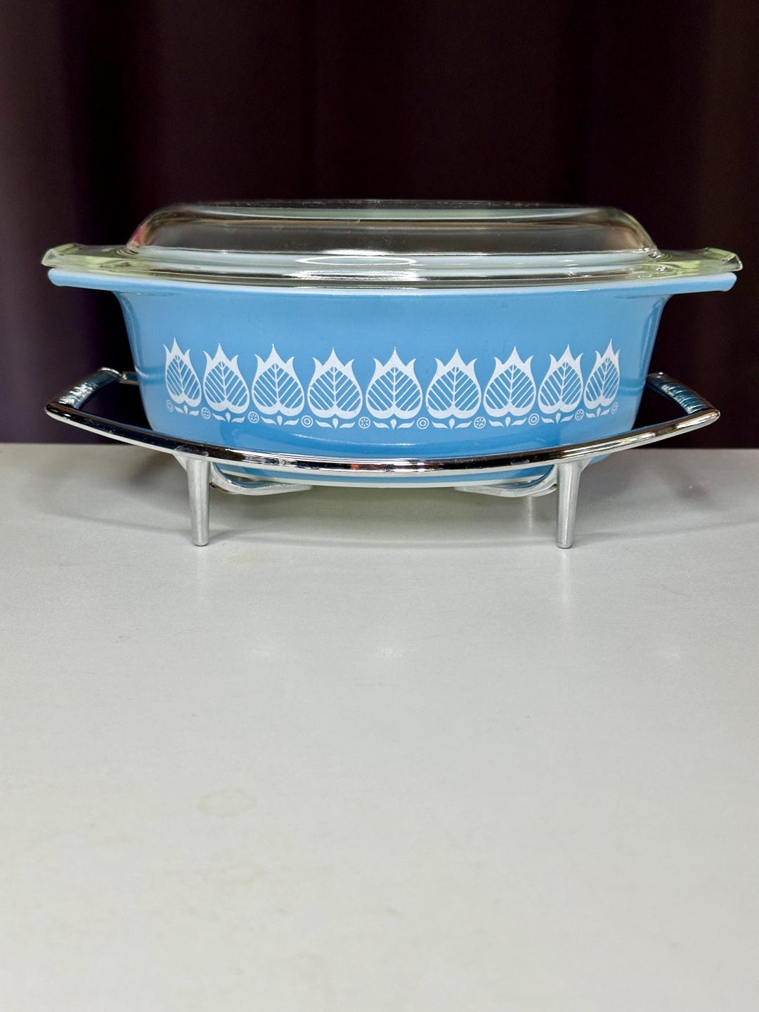 Vintage 1950’s Blue Tulip Pyrex Casserole With Matching Lid and Metal ...