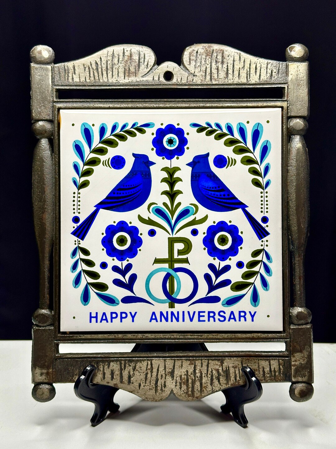 Vintage Mid Century Folk Bluebird ‘happy Anniversary’ Decorative Tile ...