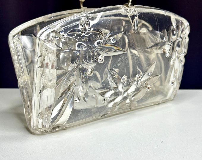 Vintage Mid Century Lucite Purse With Rhinestone Accents – Clear Carved ...