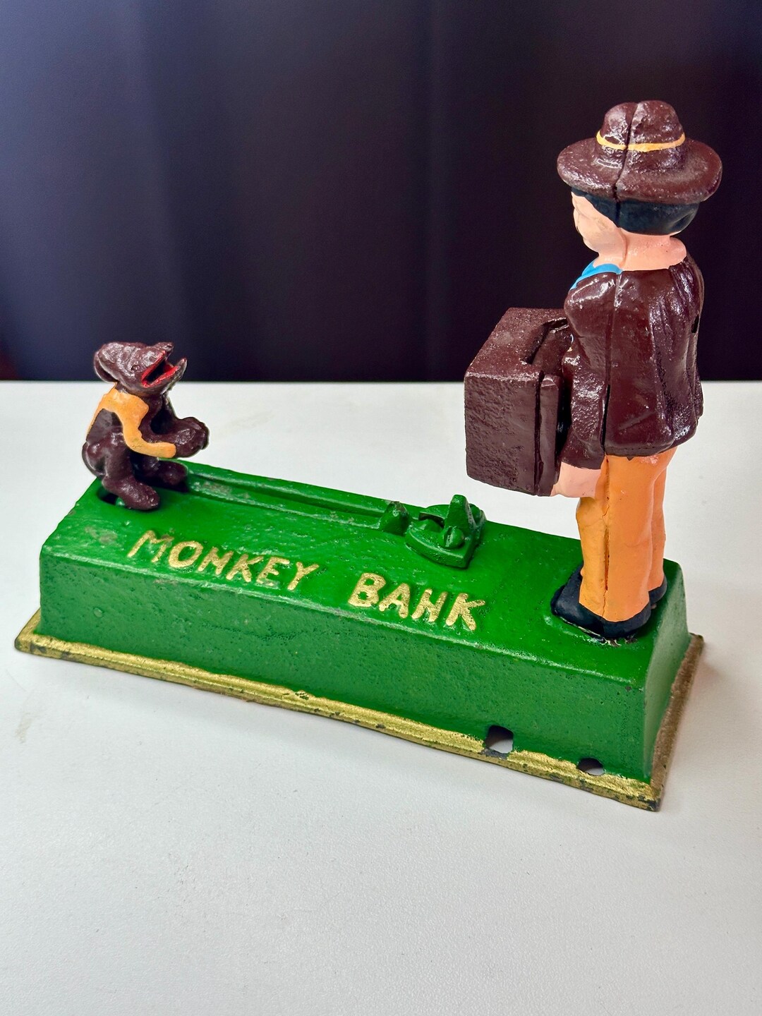 Vintage Cast Iron Mechanical Coin Bank – Lever-operated Jumping Monkey ...