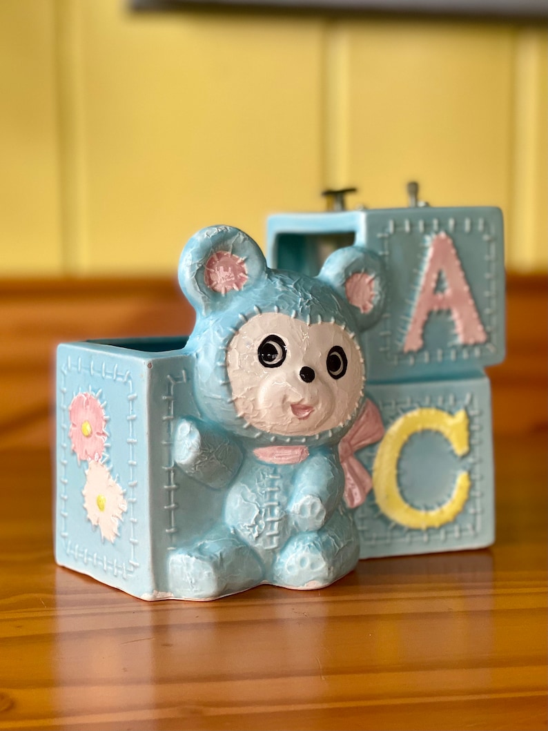 Adorable Vintage Baby Blue Teddy Bear and Blocks Planter/nursery ...