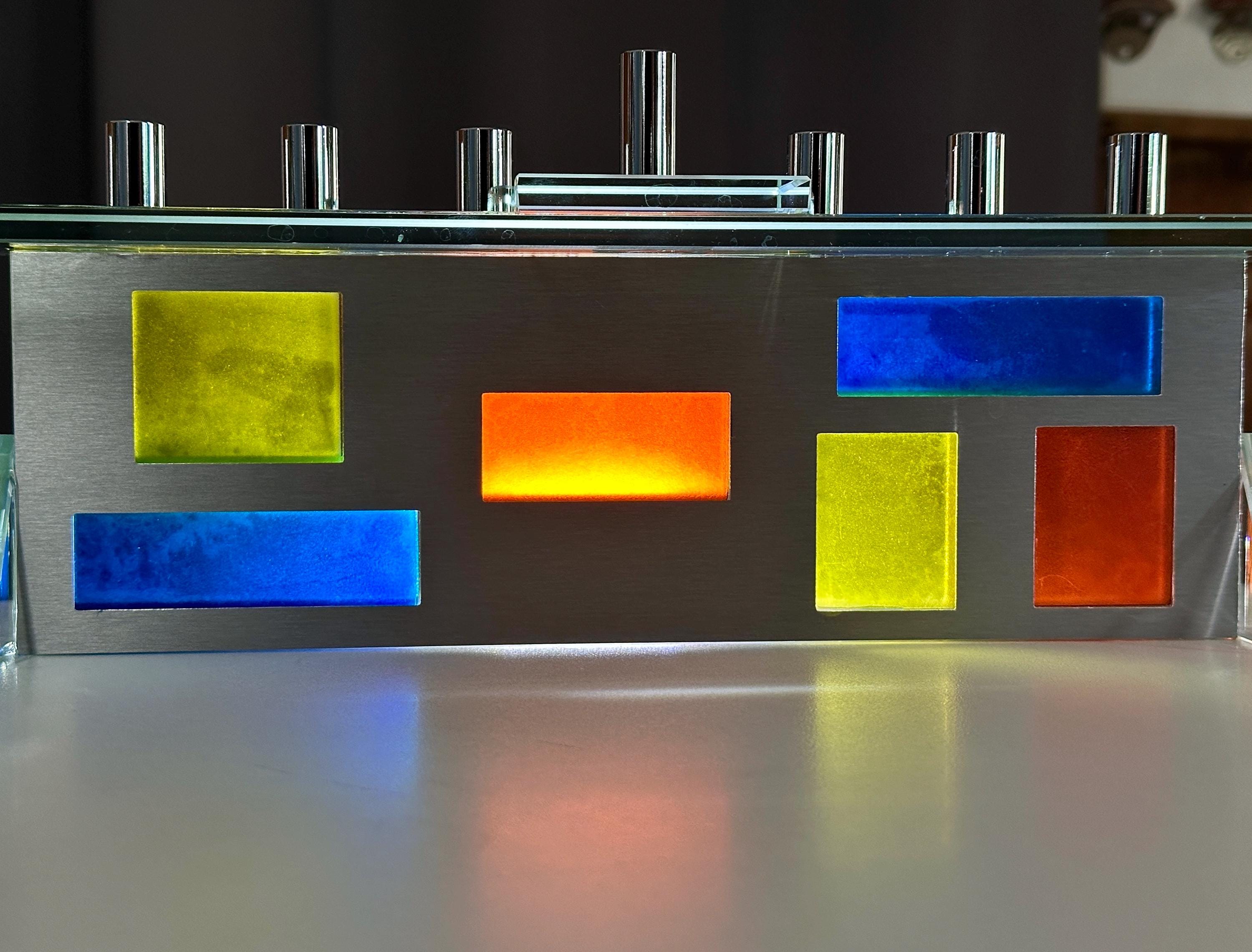 Vintage Modern Glass Menorah With Colorful Panels – Mid Century ...