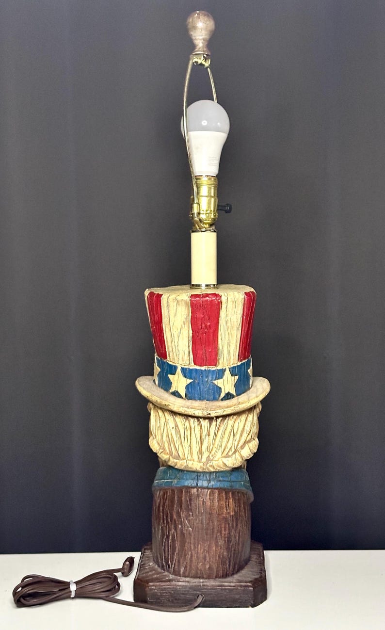 Rare Large Vintage Wooden Uncle Sam Lamp – Hand Carved Patriotic ...