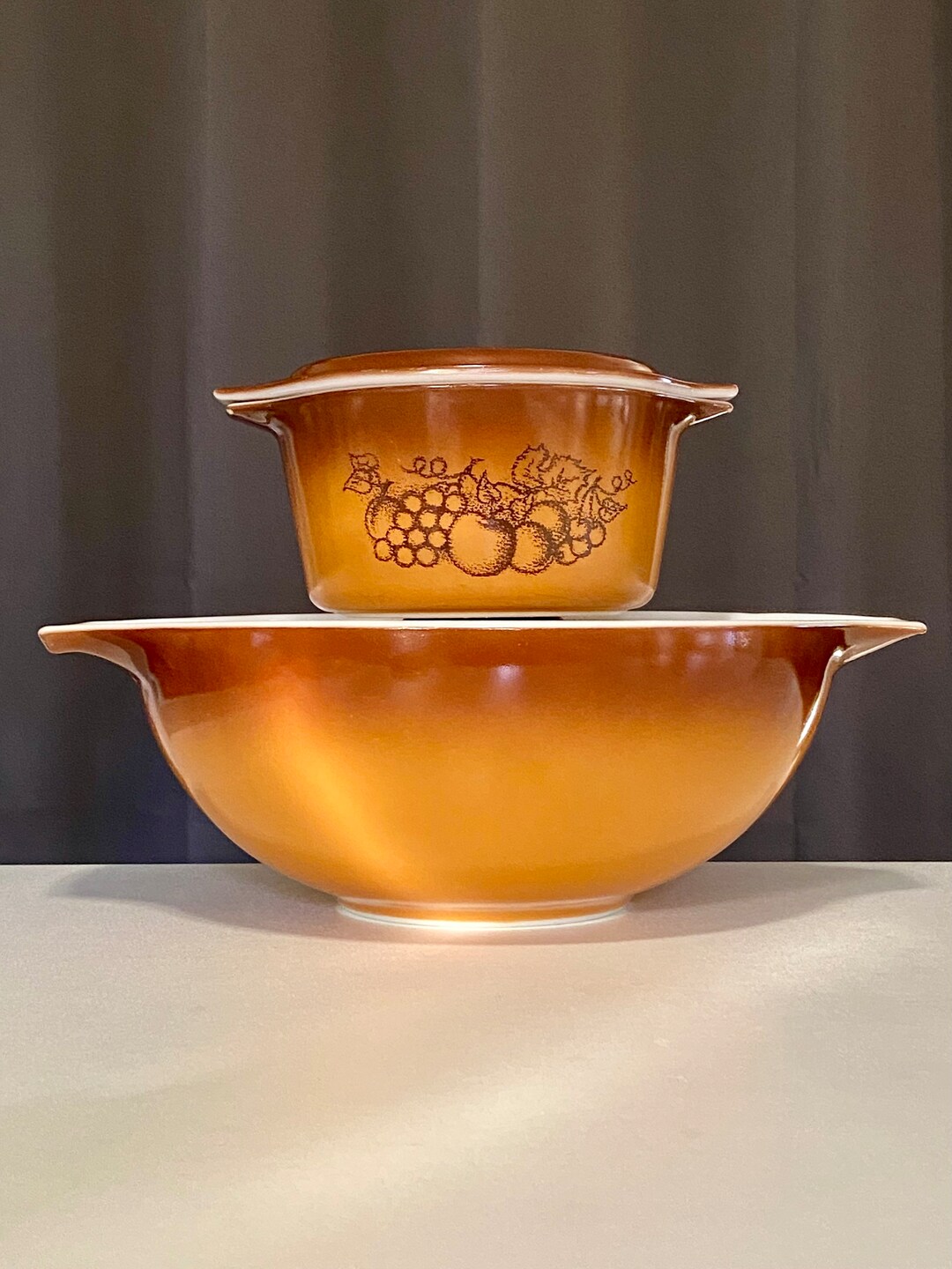 Vintage Pyrex ‘old Orchard’ Spouted Mixing Bowl and Small Casserole ...