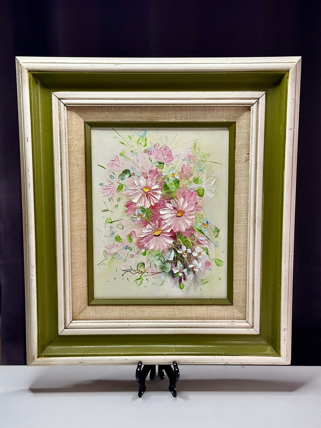 Gorgeous Vintage MCM Oil Painting ‘pink Daisies’ in Green and White ...