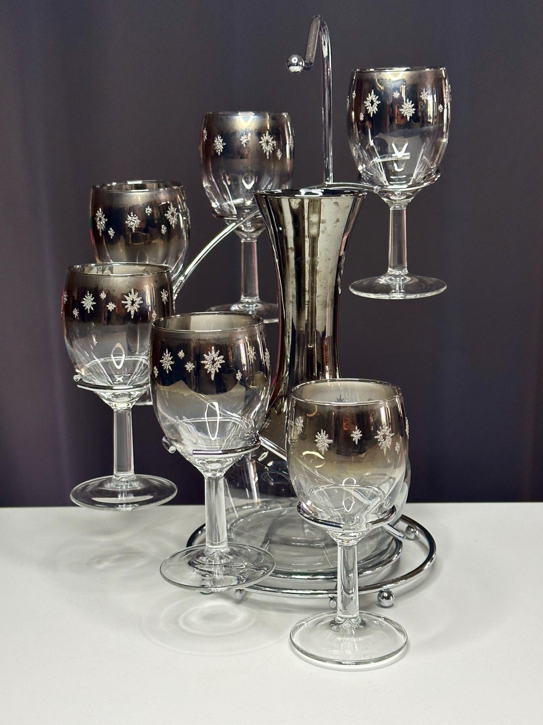 Vintage MCM Silver Fade Glitter Snowflake Glass Decanter and Serving ...