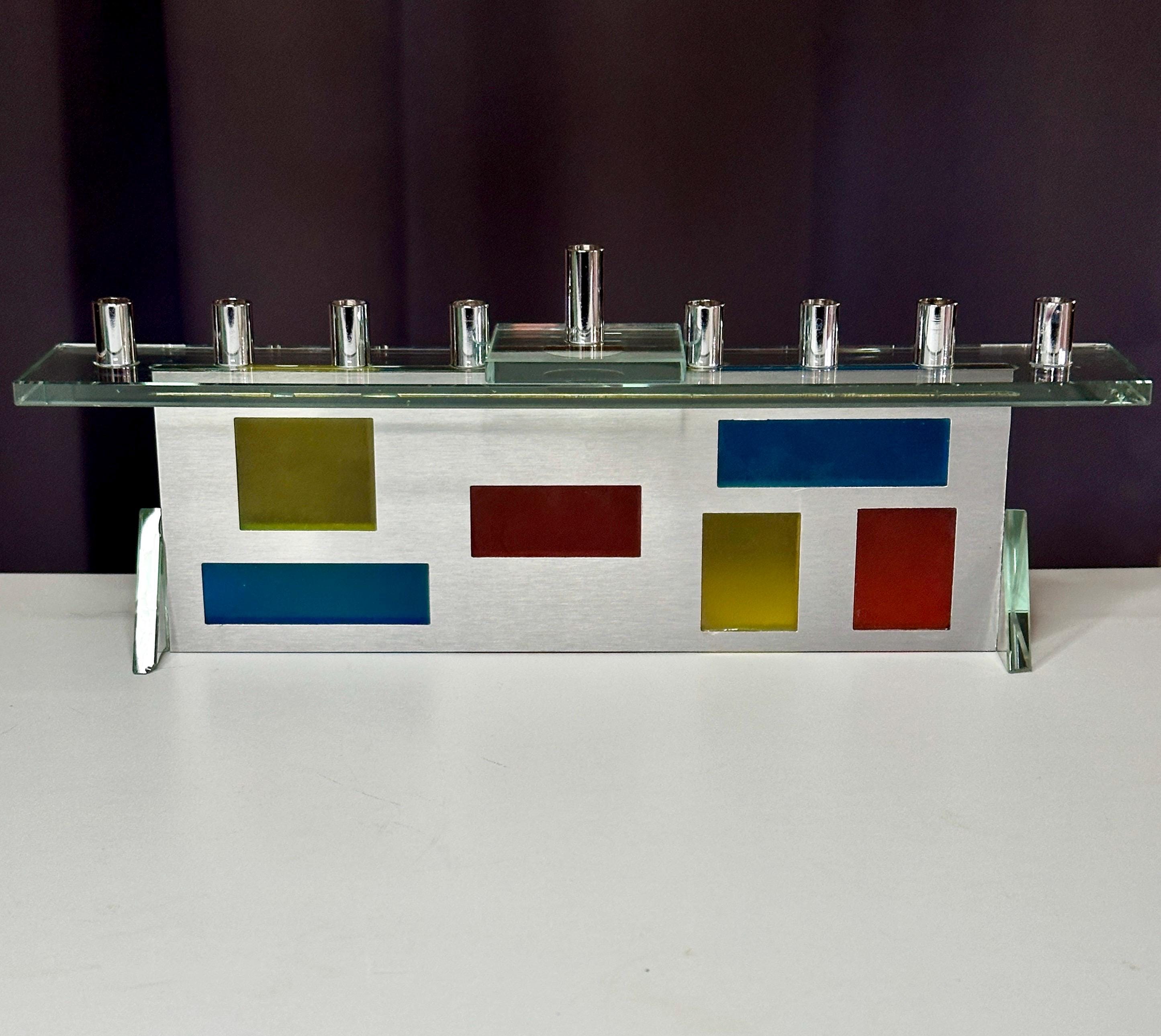 Vintage Modern Glass Menorah With Colorful Panels – Mid Century ...