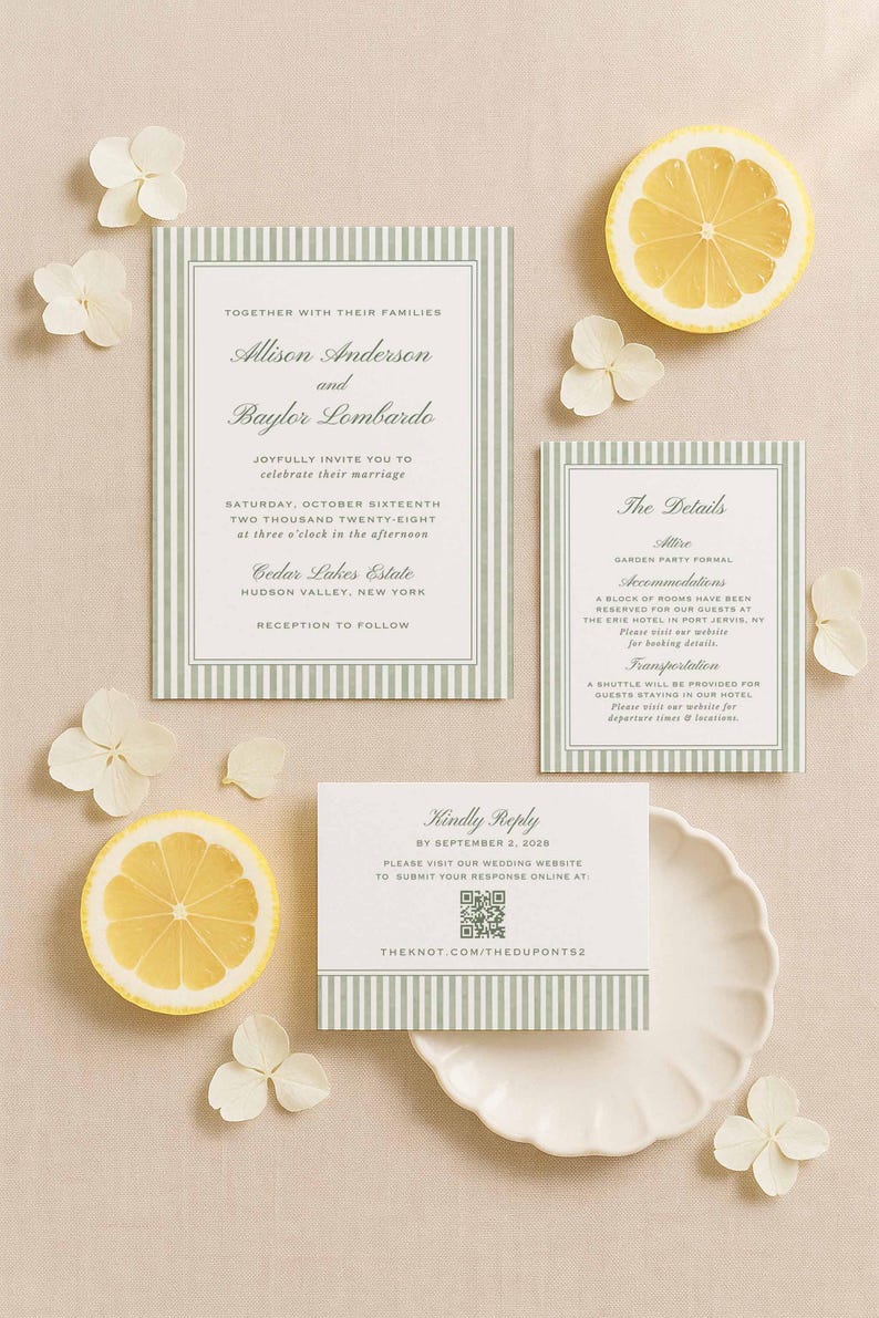 Green Stripe Wedding Invitation Template, Watercolor Stripe Invite ...