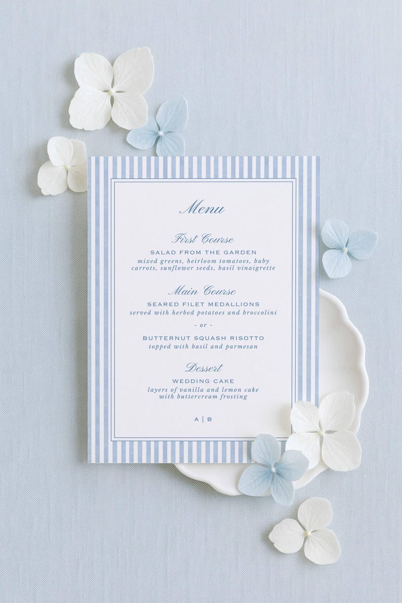 Watercolor Stripes Wedding Menu Card, Blue Theme, Editable 5x7 Digital ...
