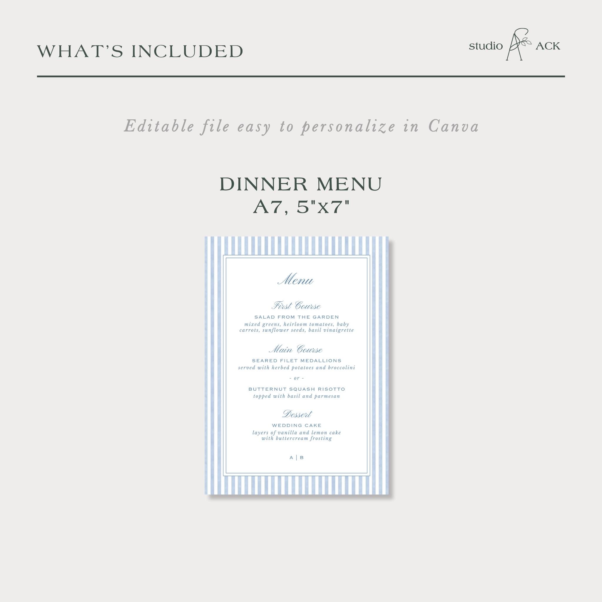 Watercolor Stripes Wedding Menu Card, Blue Theme, Editable 5x7 Digital ...