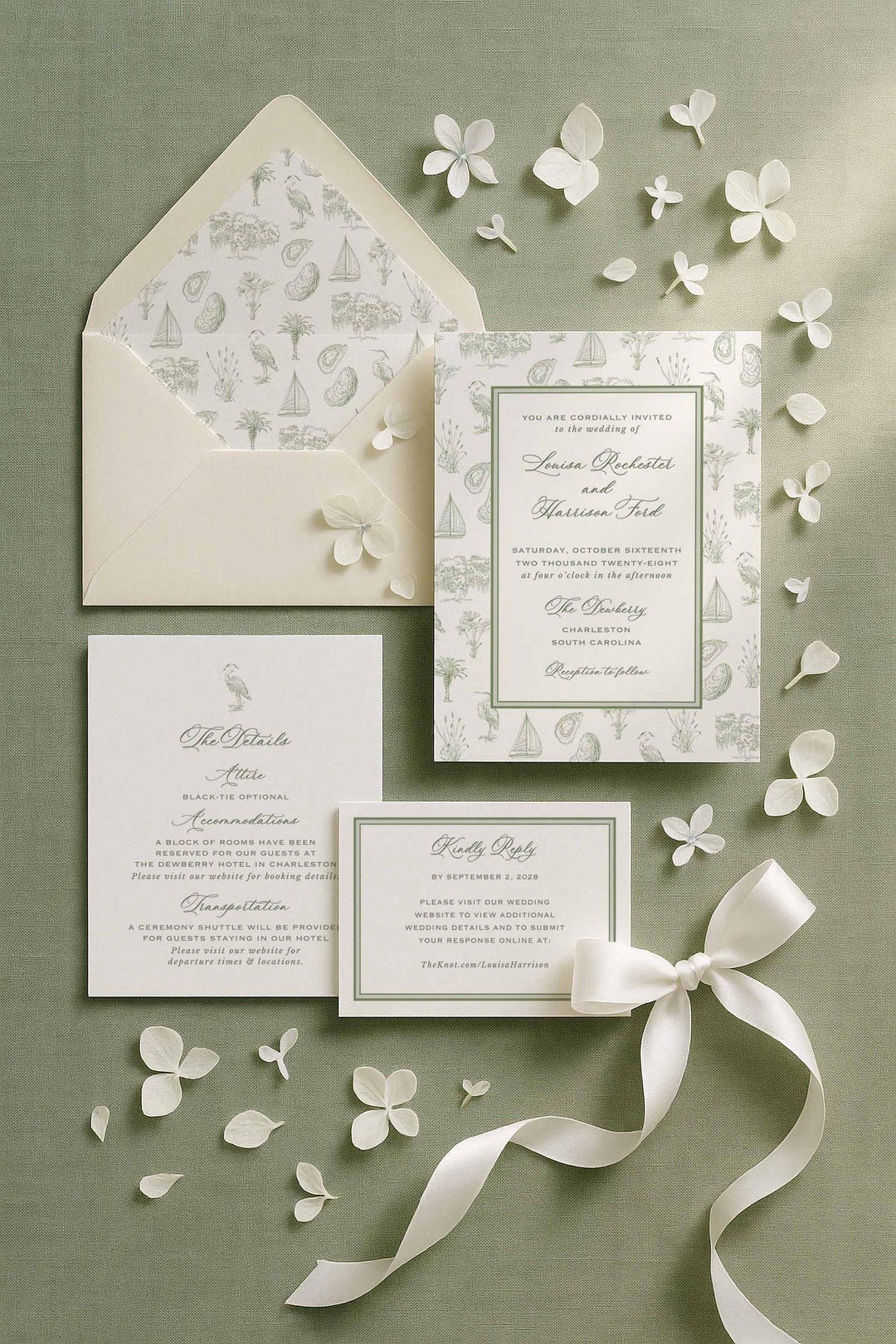 Southern Toile Invitation Suite, Coastal Palmetto & Egret Design ...